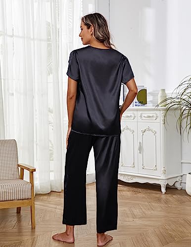 HBZDQB Satin Pajama Set for Women Short Sleeve Sleepwear Silk Soft Nightwear Comfy Loungewear daily Pjs Sets Fall Pyjama Black XL