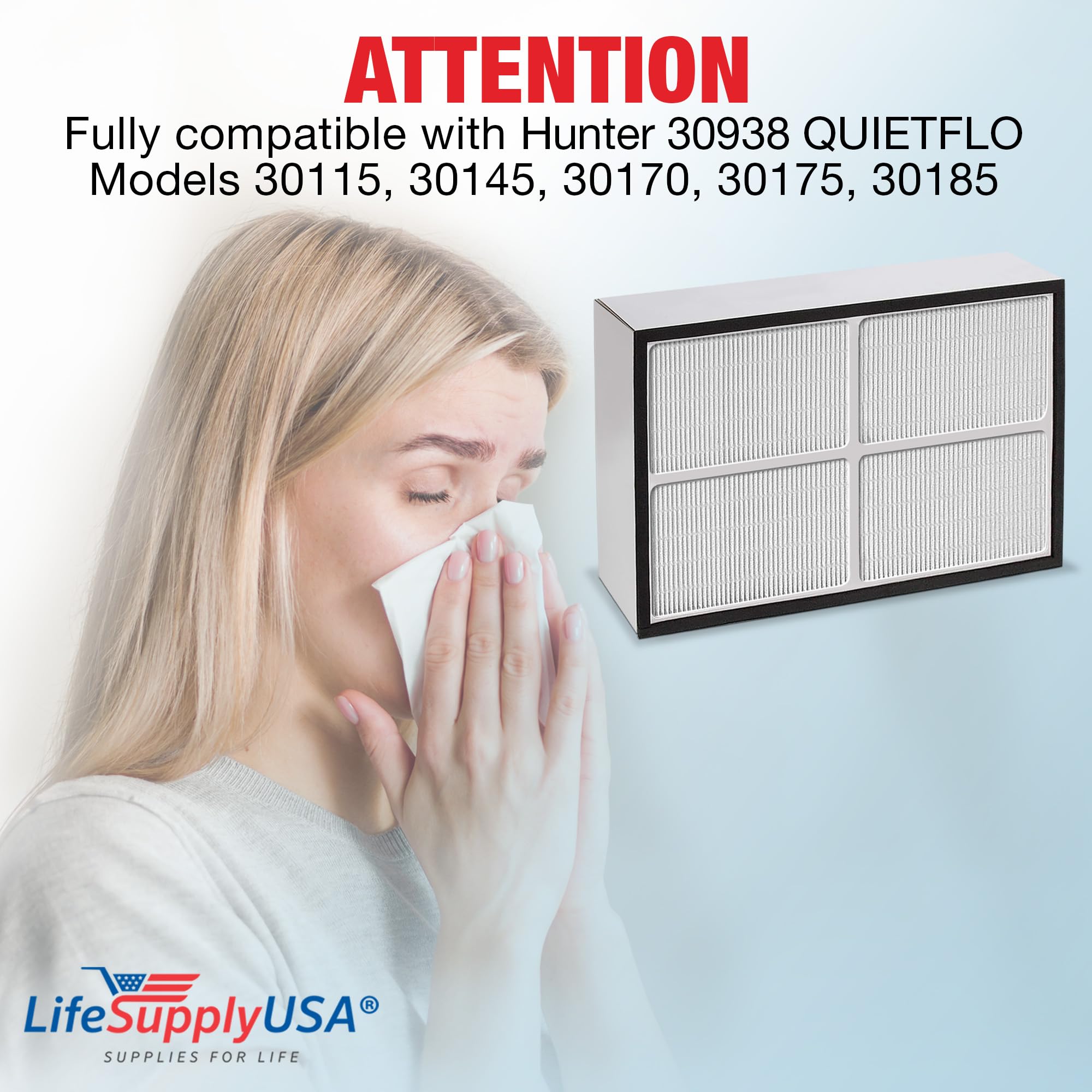 LifeSupplyUSA HEPA Filter Replacement Compatible with Hunter 30938 QUIETFLO Models 30115, 30145, 30170, 30175, 30185