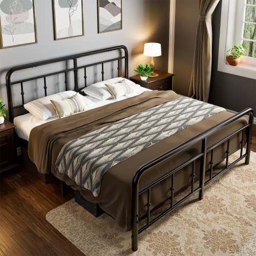 King Size Bed Frame with Victorian Style Wrought Iron-Art Headboard and Footboard, King Metal Platform Bed Frame Rustic Vintage Metal Bed Frame King Size No Box Spring Needed Noise Free, Black (King)