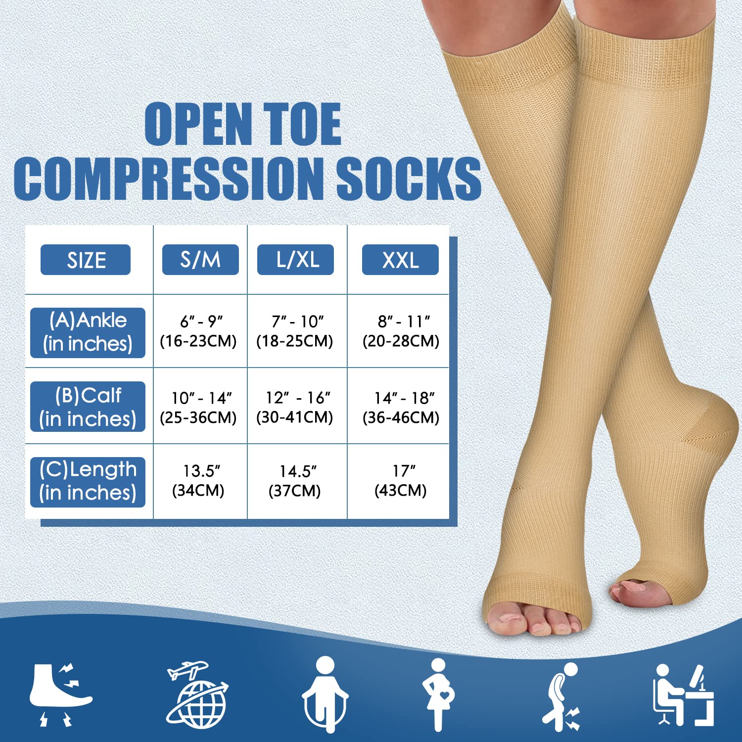 BLUEENJOY Open Toe Compression Socks Women and Men - 15-20mmHg Support Circulation Recovery Medical Compression Socks