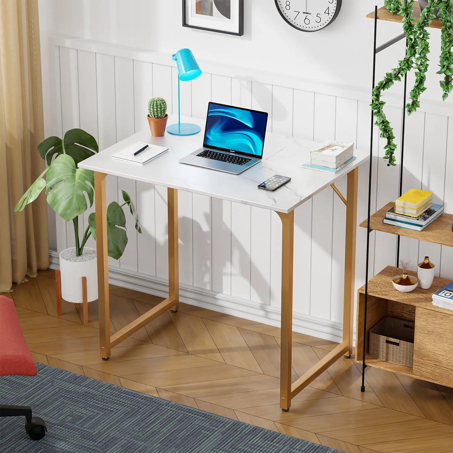 Ckofgdsue 32 Inch Small Computer Desk for Bedroom,Sturdy Wooden Home Office Desk for Small Spaces,Simple Modern Style Tables with Metal Desk Legs Writing Study Table for Adults&Kids,White Gold