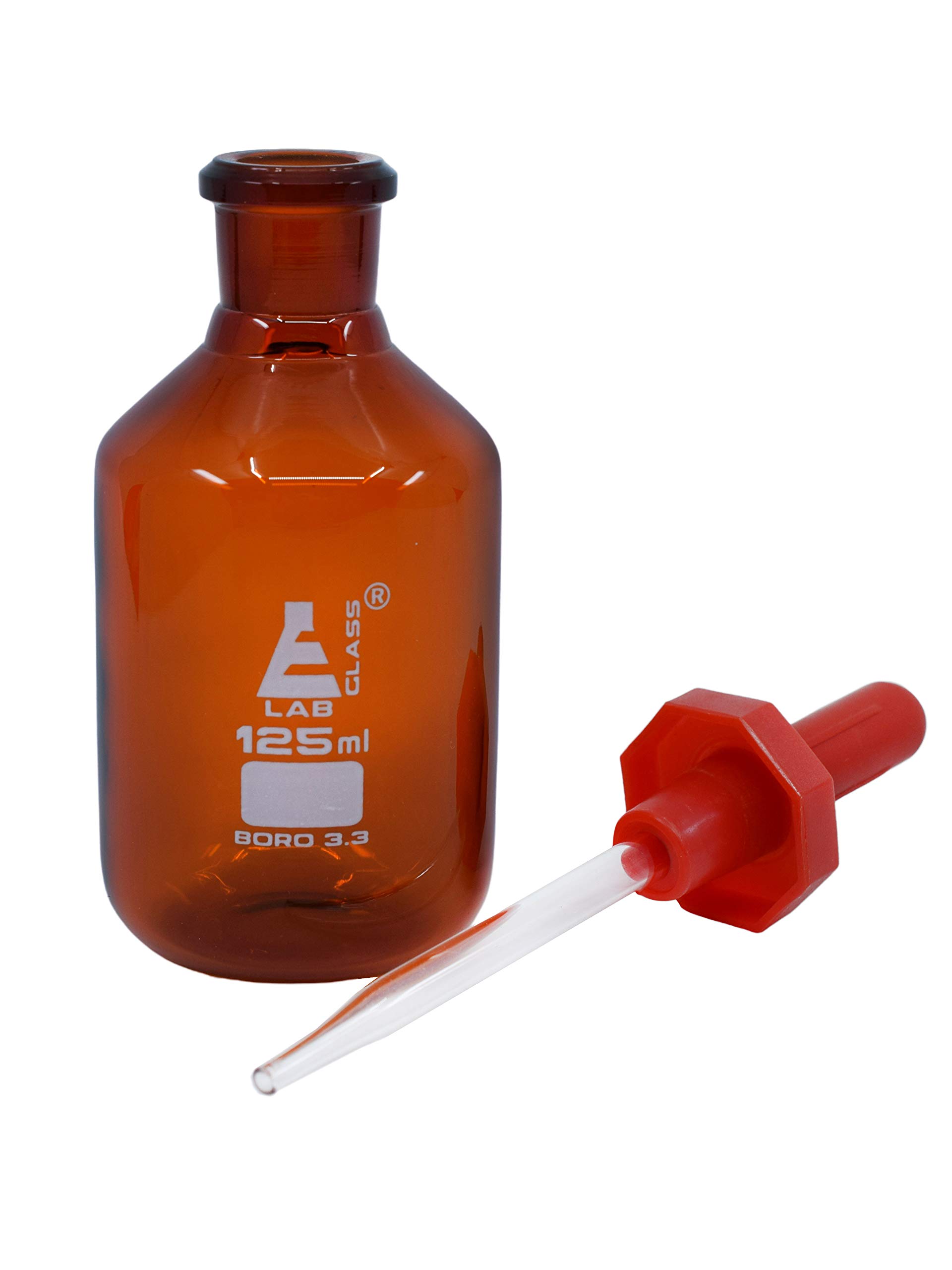 EISCO Dropping Bottle, 125ml (4.2oz) - Amber Borosilicate 3.3 Glass - Eye Dropper Pipette and Dust Proof Rubber Bulb - Octagonal, Non-Screw Top