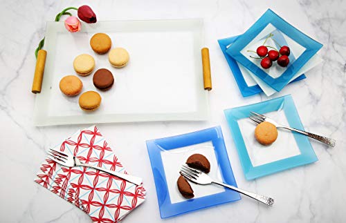GAC Unique Design White-Grey Rectangular Tempered Glass Serving Tray with Wooden Handles β 10x14 Inch β Break Resistant β Dishwasher Safe - Attractive Colored Serving Platter