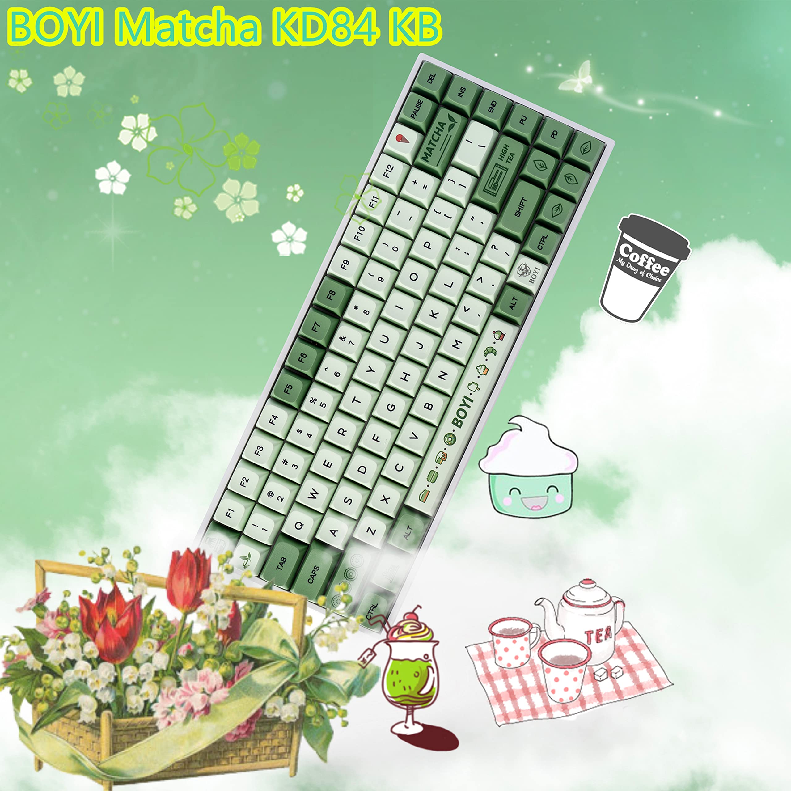 BOYI KD84 Hot Swappable 75% Compact Gateron Yellow Switch Keyboard, Bluetooth 5.0/Wireless 2.4G/Wired Type-C Tri-Mode N-Key Rollover RGB Mechanical Gaming Keyboard (BOYI Matcha XDA Keycaps)