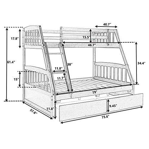 Harper & Bright Designs Twin Over Full Bunk Bed with Two Storage Drawers, Solid Wood Bunk Bed for Kids, Teens, Adults, Espresso