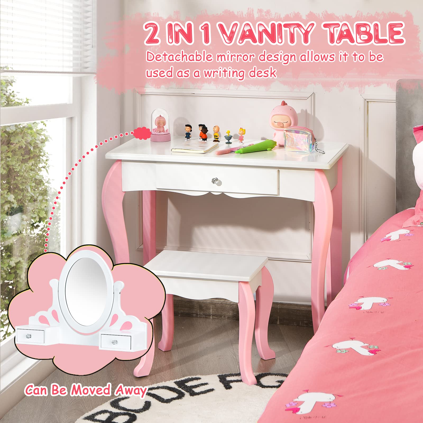 Costzon Kids Vanity Set with Mirror, 2 in 1 Princess Makeup Dressing Table w/Detachable Top, Toddler Vanity with 360° Rotating Mirror, Drawers & Stool, Pretend Play Vanity Set for Little Girls, White