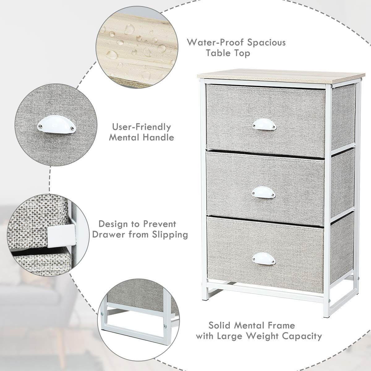 Giantex Dresser Storage Tower Nightstand W/Fabric Drawers, Sturdy Steel Frame and Wood Top Organizer Unit for Bedroom, Living Room, Entryway,Closets End Table Storage Unit (29ββ(H), White)