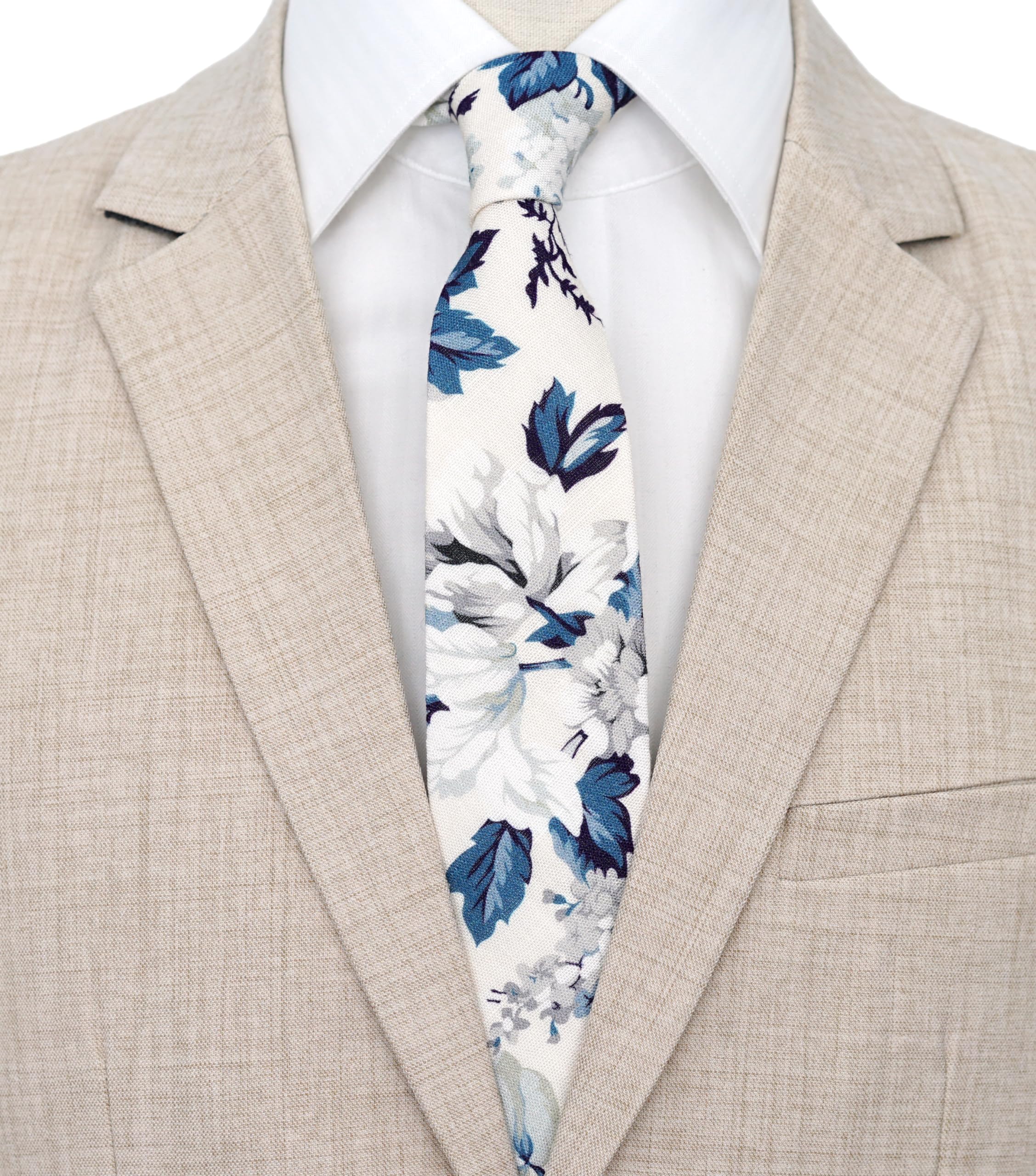 BELLUNO Floral Skinny Tie for Men, Slim Flower Tie for Wedding, Activities, Gift Box-Beige Blue