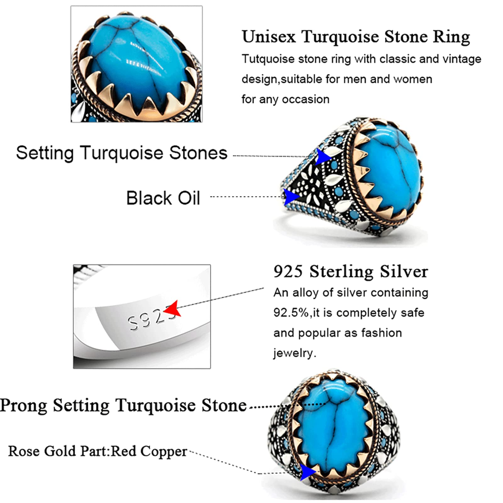 AROTOROM Turquoise Stone 925 sterling silver ring with Oval Sky Blue Stone Ring Life Track Significance Turkish Handmade Jewelry (Size 10)