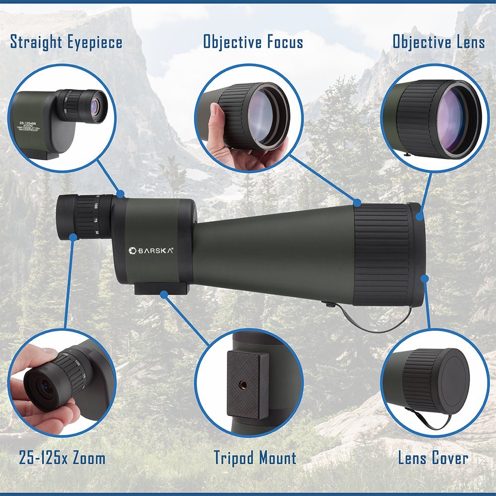 BARSKA Benchmark 25-125x88 Waterproof Straight Spotting Scope, Green/ Black