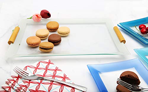 GAC Unique Design White-Grey Rectangular Tempered Glass Serving Tray with Wooden Handles β 10x14 Inch β Break Resistant β Dishwasher Safe - Attractive Colored Serving Platter