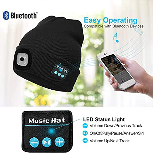 Bluetooth Beanie Hat with Light, Unisex USB Rechargeable LED Headlamp Cap with Headphones, Built-in Speakers (Color : Natural, Size : One Size)