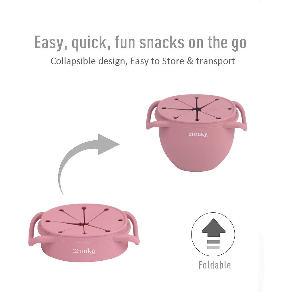 BPA Free Silicone Cups Set of Two - Food Catcher - Sippy Cup - Non Toxic Material - Silicone Straw - Foldable Snack Cup -for Babies and Toddlers - by MONKA (pink)