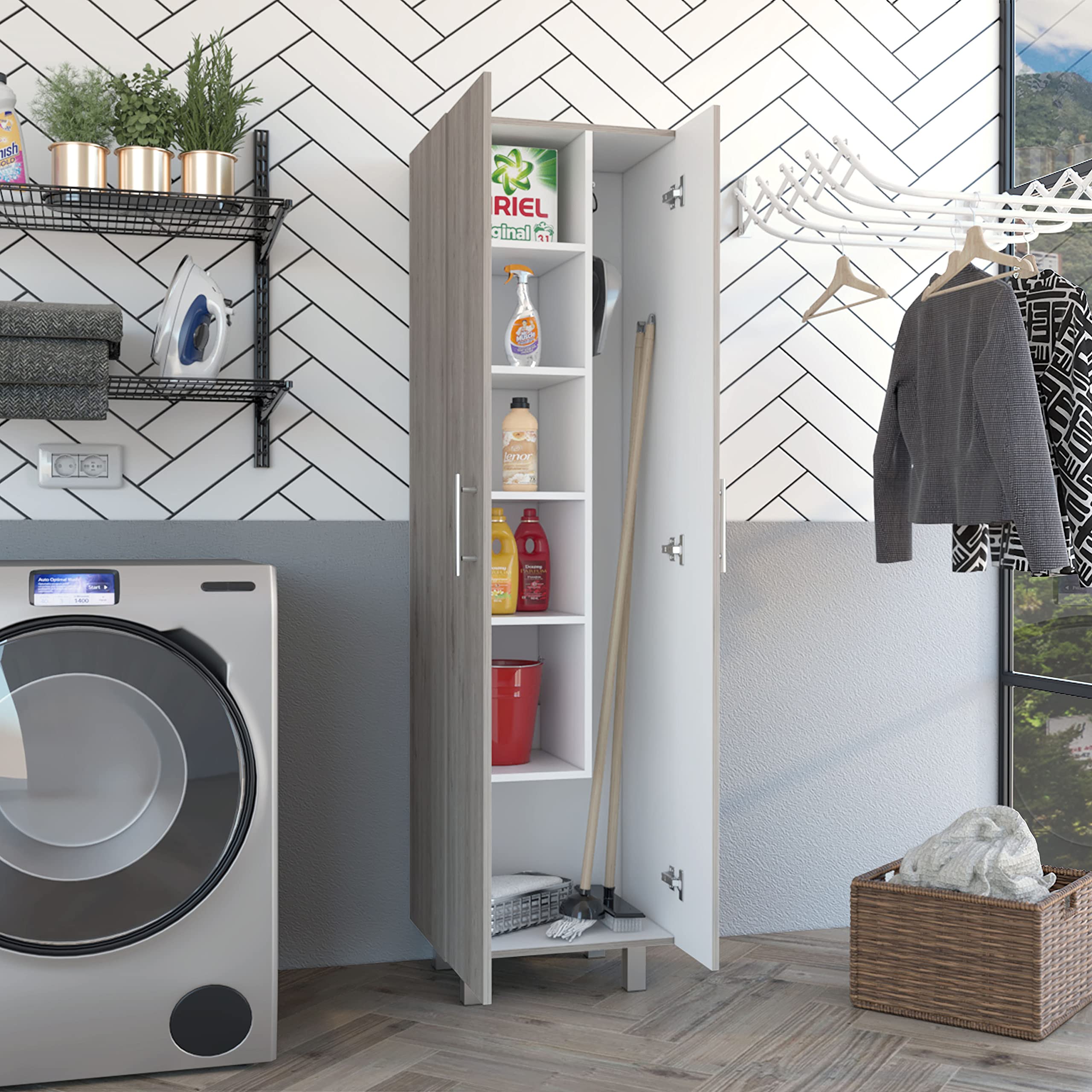FM FURNITURE Norway Broom Closet Pantry with 5 Shelves and Double Doors, Light Gray/White