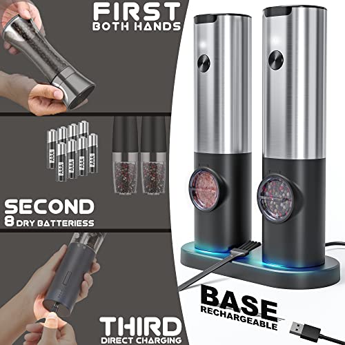Electric Salt and Pepper Grinder Set with Rechargeable Base, Stainless Steel Salt and Pepper Grinders/Mill with Adjustable Coarseness, Refillable Salt and Pepper Shakers with LED Light, a Pair