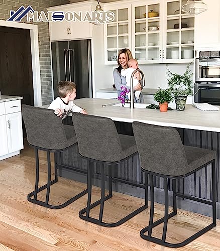 MAISON ARTS Counter Height 24" Bar Stools Set of 3 with Back for Kitchen Counter Modern Upholstered Barstools Faux Leather Farmhouse Bar Chairs Island Stools Support 330LBS, 24 Inch, Grey+Black Frame