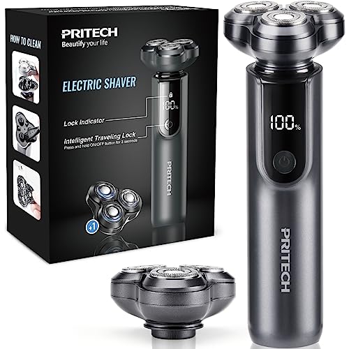 Electric Shavers Razor for Men,Extra 1 X Spare Blade, PRITECH Electric Razor for Shaving Face, Mens Rotary Shaver Rechargeable Razor for Men, Waterproof Wet & Dry LED Display Cordless Rotary Shave