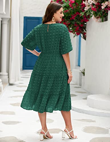 IN'VOLAND Womens Chiffon Elegant Plus Size Dresses Swiss Dot Babydoll Short Sleeve Party Midi Dress Dark Green