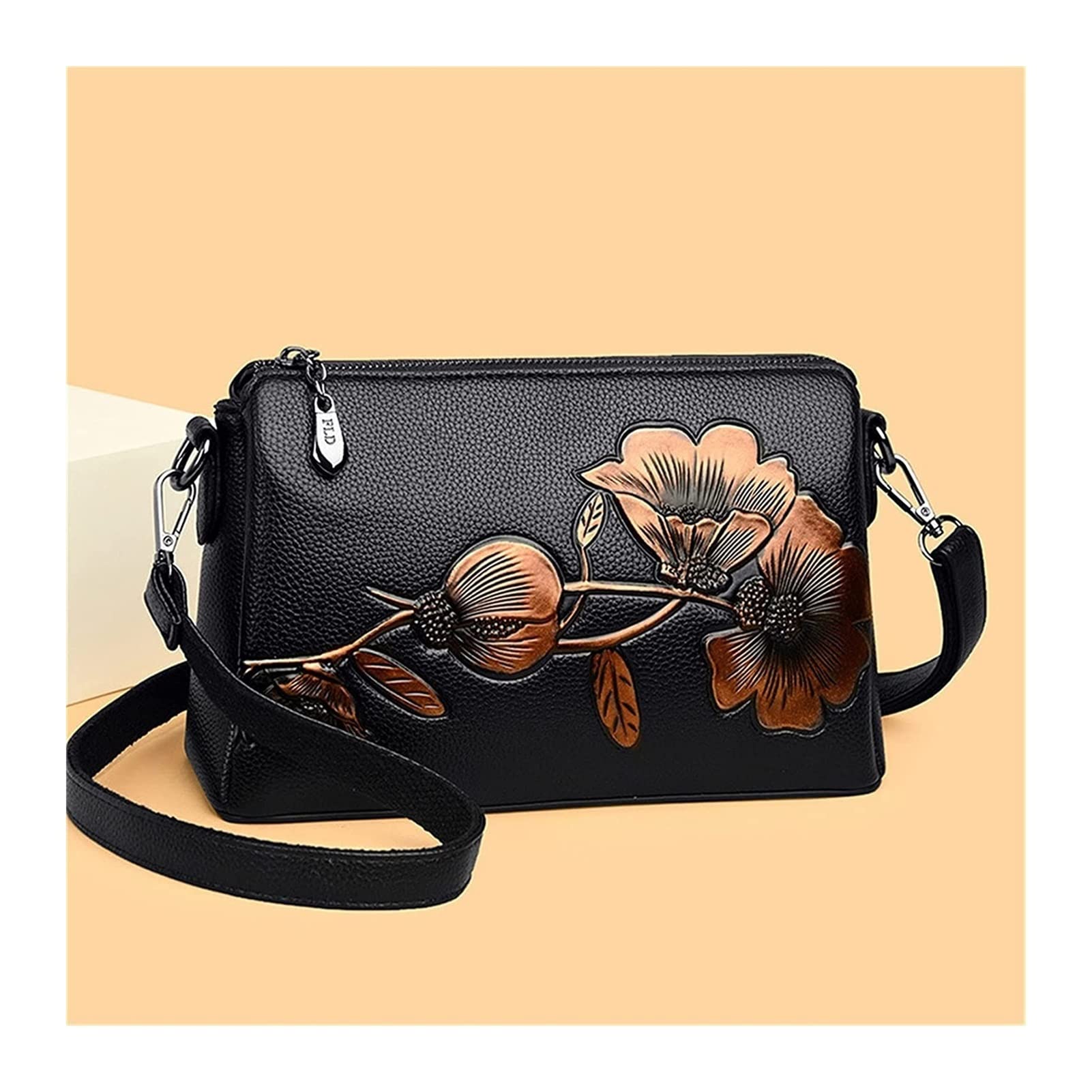 BROART Travel Messenger Shoulder Purse Elegant Flower Pattern PU Leather Crossbody Bag Casual Trendy Shoulder Bag (Color : Brown, Size : One Size)
