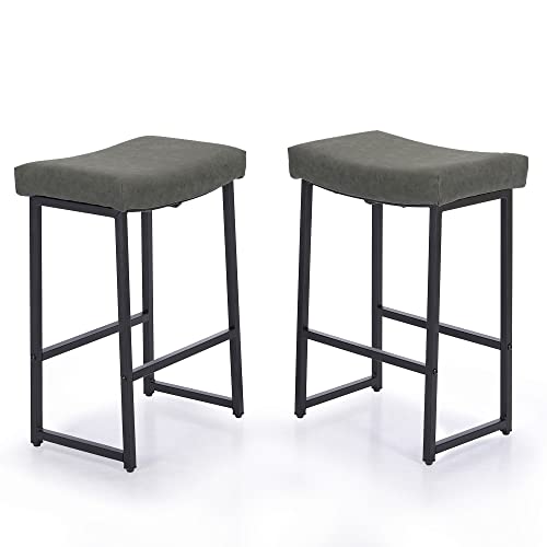 MAISON ARTS Grey Bar Stools Set of 2 Counter Height 24 Inches Saddle Stools for Kitchen Counter Backless Modern Barstools Upholstered Faux Leather Stools Farmhouse Island Chairs, Grey, 2pcs