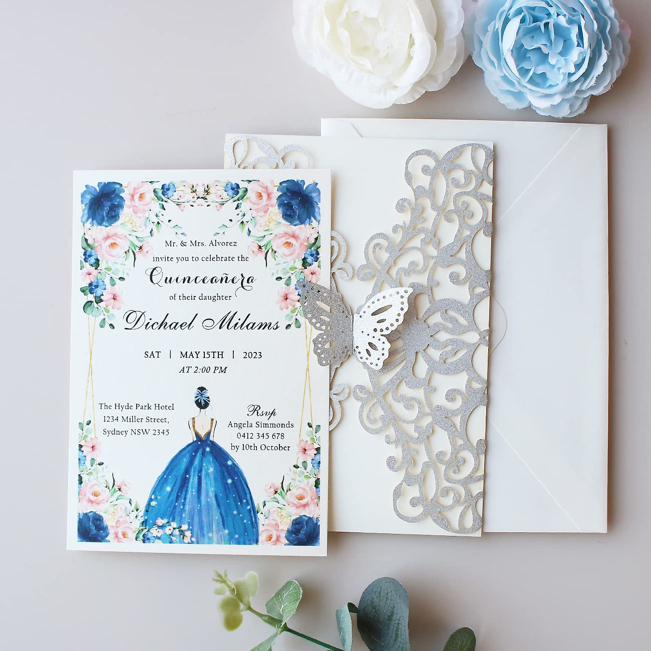 KUCHYNEE 20PCS 5.1x7.3 inch Silver Laser Cut Lace Flora Wedding Invitation Cards with Butterfly and Envelopes for QuinceaƱera Bridal Shower Wedding Invite (Silver Glitter)