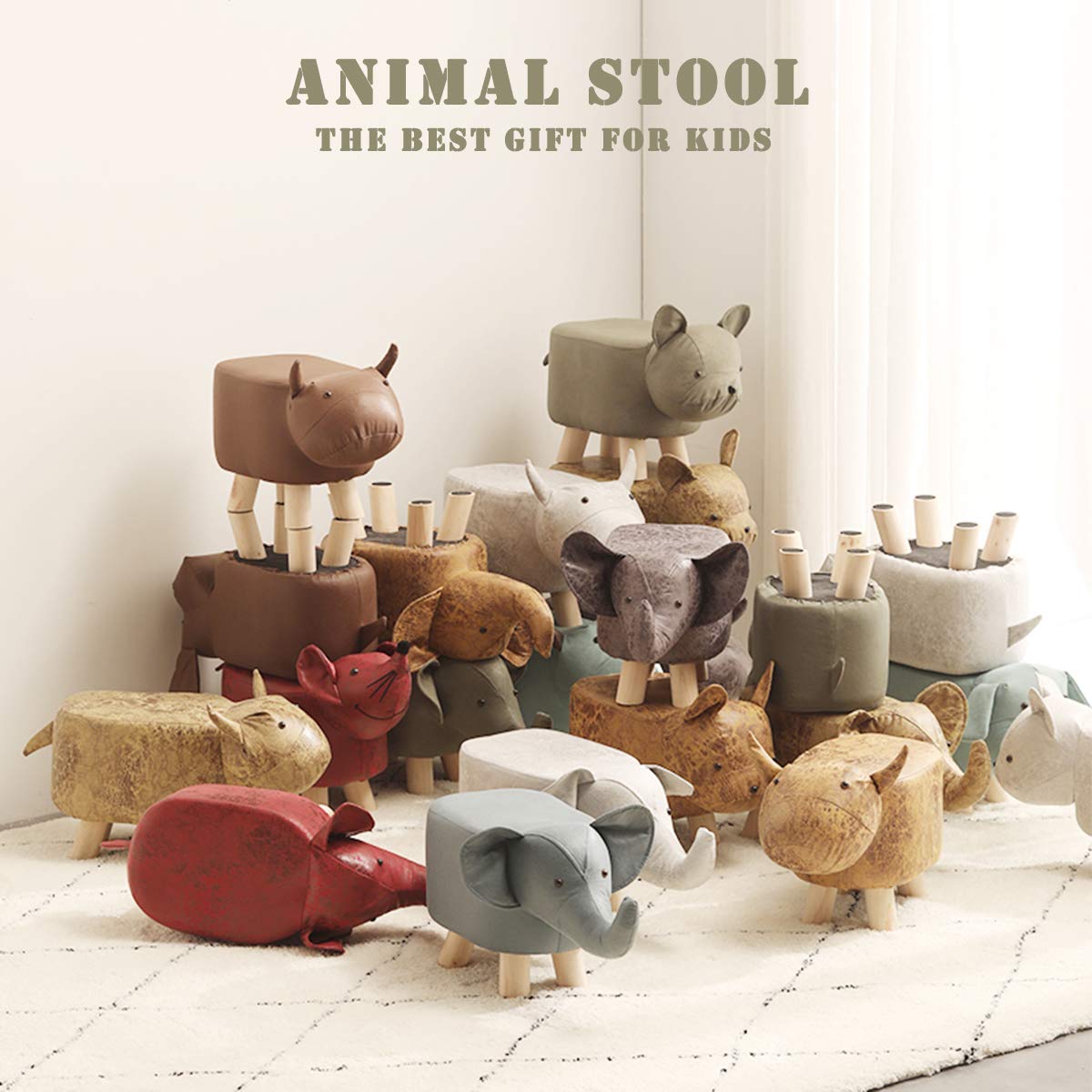 EKUEE Footstool Kids Learning Stool Calf Dinosaur Stool Elephant Hippo Bench Shoes Bench Stool Children Cartoon Stool Solid Wood Animal Stool Toy Doll?Kids (Gray Elephant)
