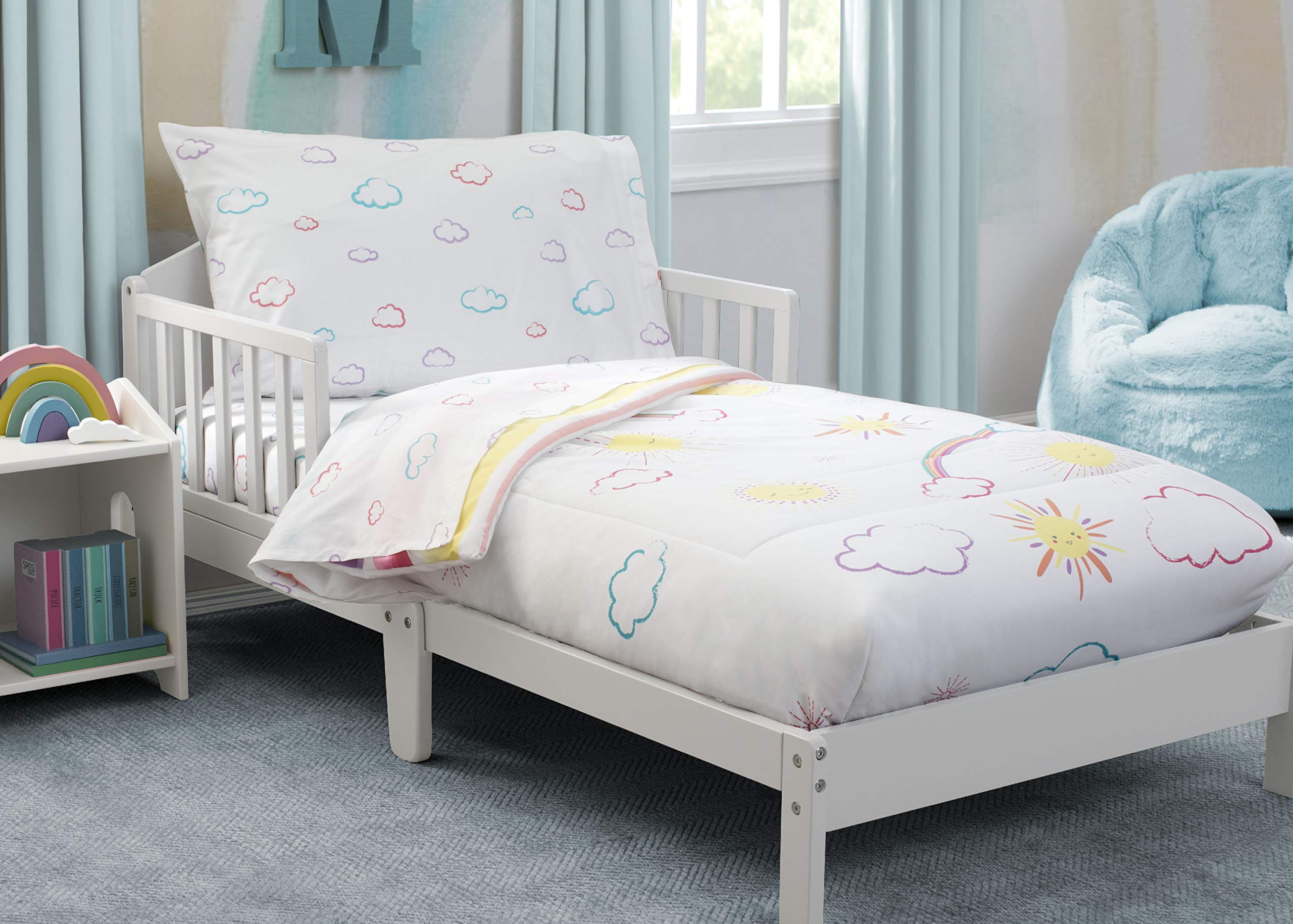 Delta Children Toddler Bedding Set | Girls 4 Piece Collection | Fitted Sheet, Flat Top Sheet w/Elastic Bottom, Fitted Comforter w/Elastic Bottom, Pillowcase, Sunshine | Multi Color