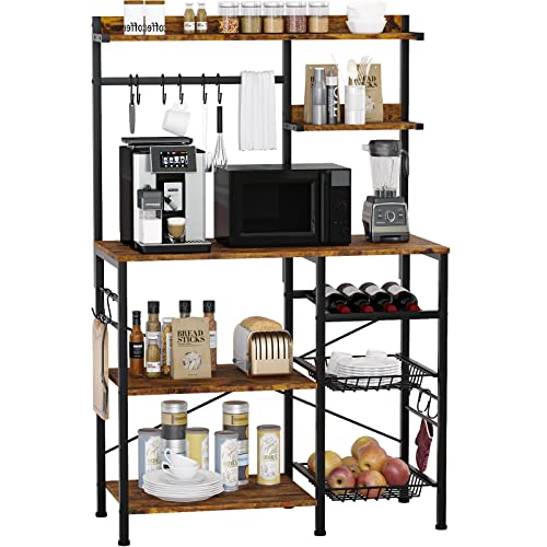 Kitchen Bakerâs Rack with 2 Pull Out Wire Baskets, Microwave Stand with Storage Shelf & Wine Rack, 5-Tier Utility Coffee Bar Station with 10 Hooks for Spice Rack Organizer Workstation, Rustic Brown