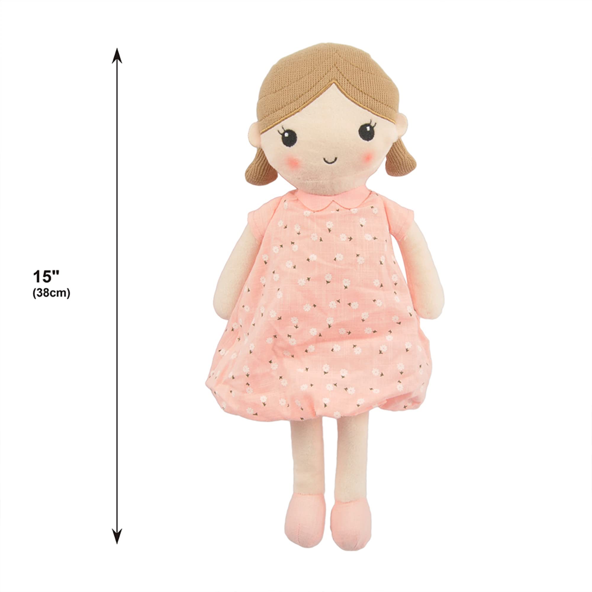 Linzy Toys, Soft Plush Light Pink Blue Emily Rag Doll for Girl, 15" My First Rag Doll, Muñecas de Trapo para Niña, Embroidered Face, Safe for All Ages (89835)