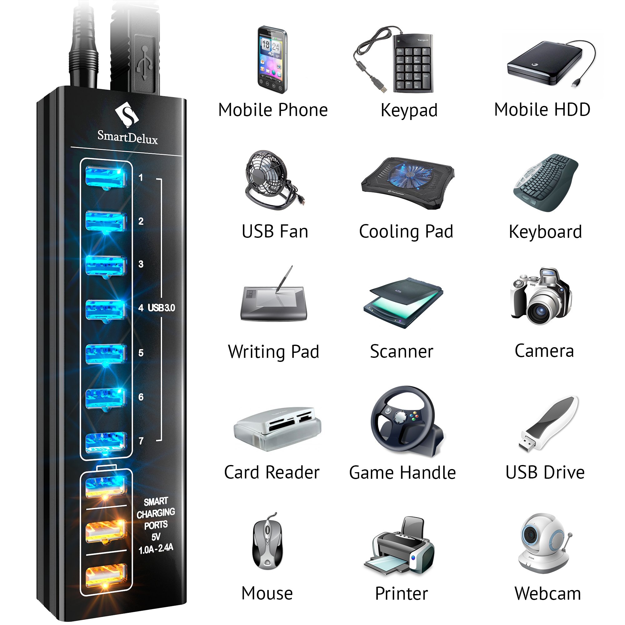 SmartDelux Powered USB Hub - USB 3.0 Ports Hub with 3 Smart Charging Ports, Power Adapter, Long Cord, LEDs (10-Port USB Hub)