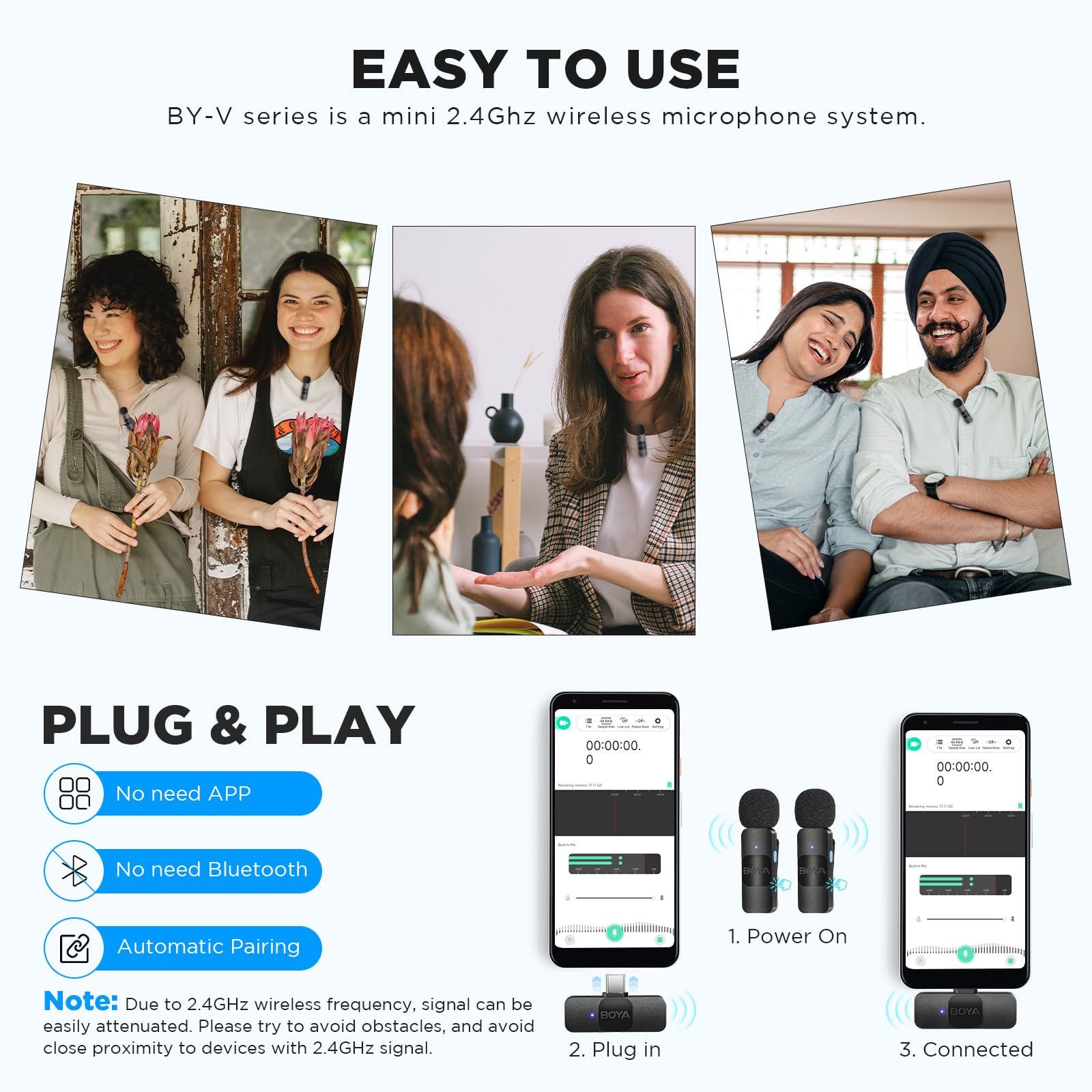 BOYA Dual Wireless Lavalier Lapel Microphone for Android SmartPhone Laptop - Omnidirectional USB C Condenser Video Recording Mic for Interview Podcast Vlog YouTube Live Stream (TX+TX+RX)