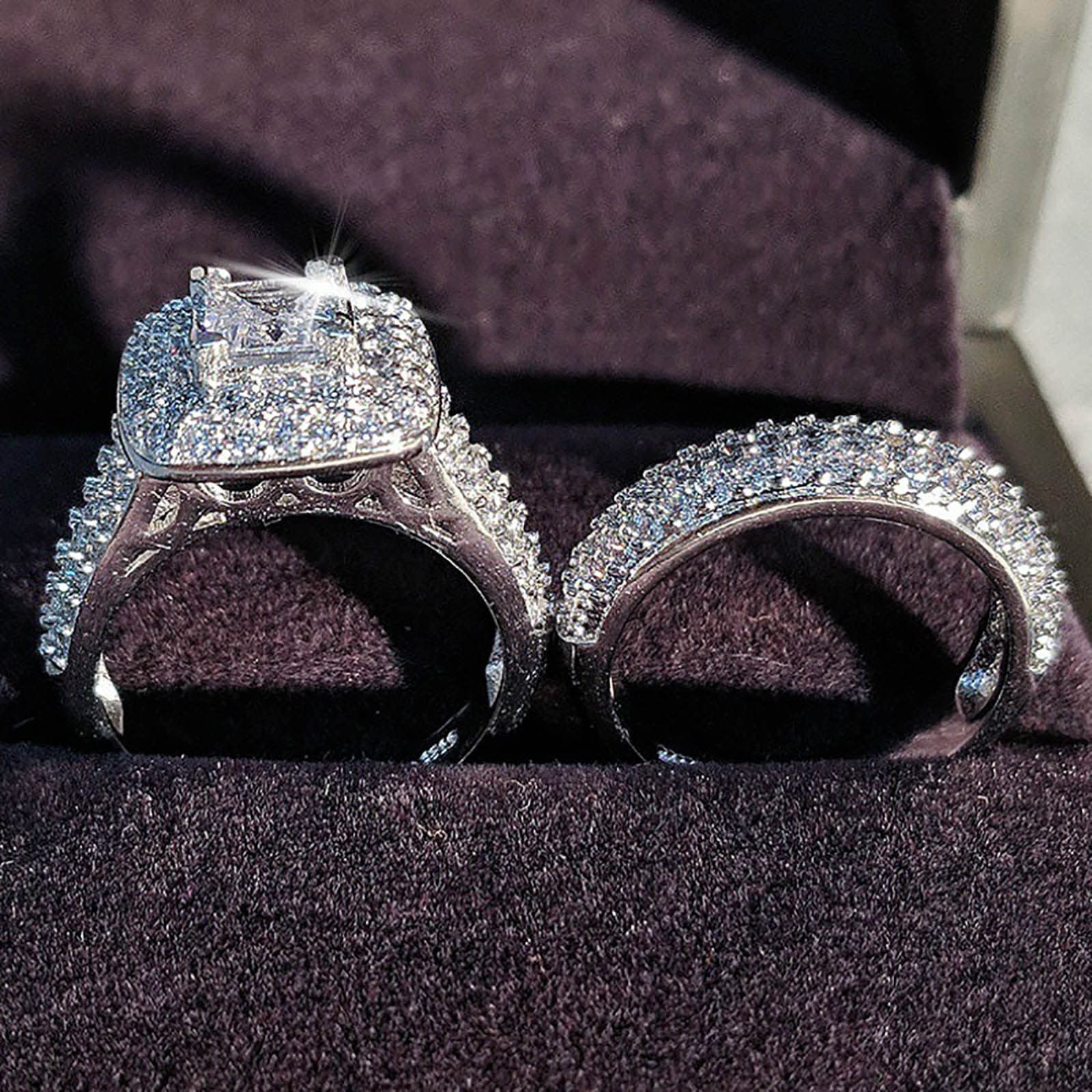 BLUGY 2pcs Ring Set Couple Rings Princess Square Diamond Set Ring Fashion Luxury Engagement Wedding Jewelry for Valentine's Day