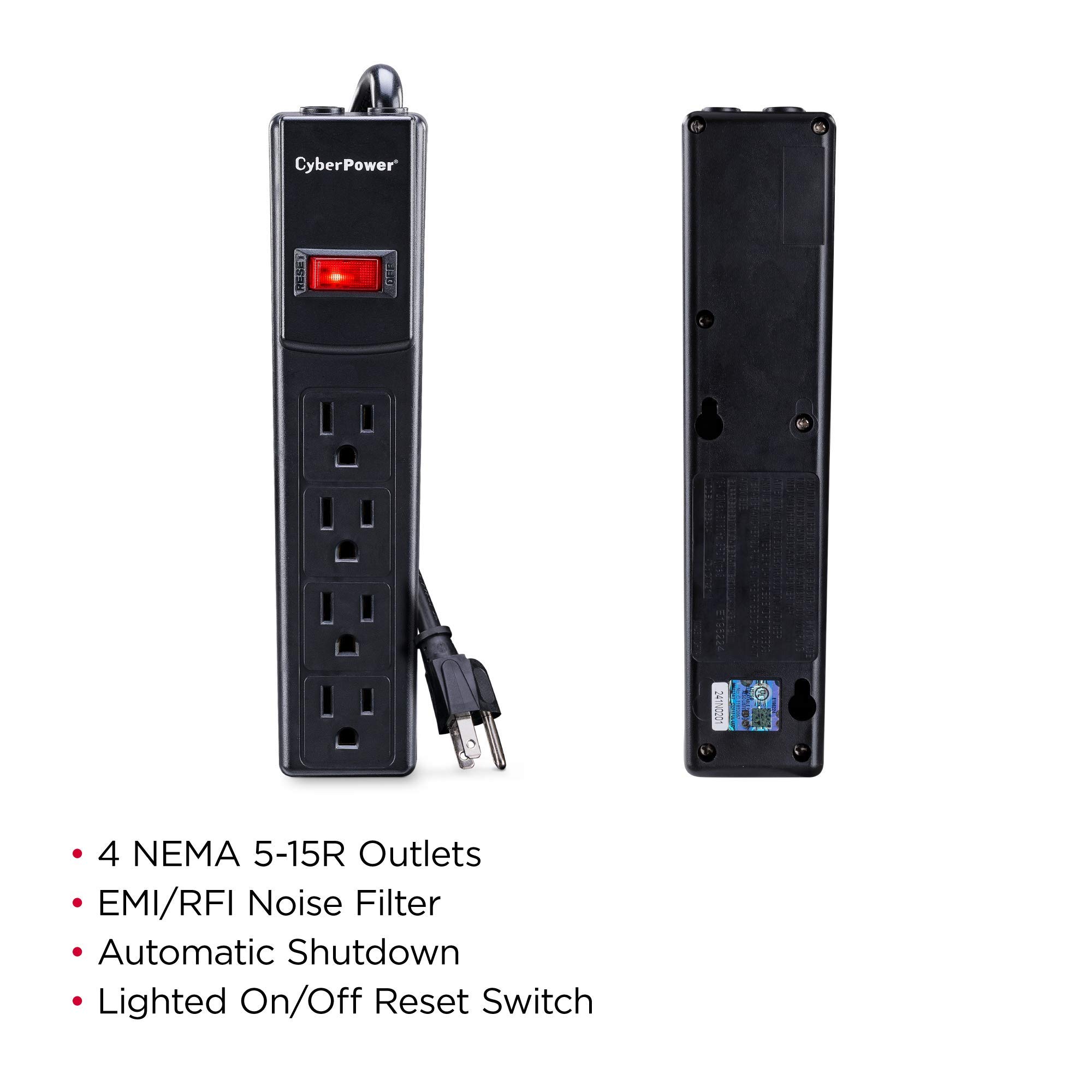 CyberPower CSB404 Essential Surge Protector, 450J/125V, 4 Outlets, 4ft Power Cord, Black