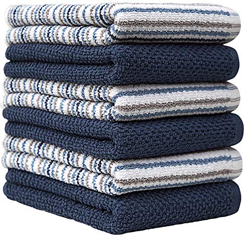 Kitchen Towels 16βx 26β- 6 Pack | Large Cotton Kitchen Hand Towels | Dish Towels | Popcorn Stripe Design | 400 GSM Highly Absorbent Tea Towels Set with Hanging Loop | Dish Towels for Kitchen | Blue