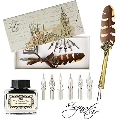 hhhouu Feather Pen and Ink Set, Quill Pen Set Antique Dip Pen with Ink and 6 Replacement Nibs 6pcs Nibs Calligraphy Pens for Beginners HO-Q-300