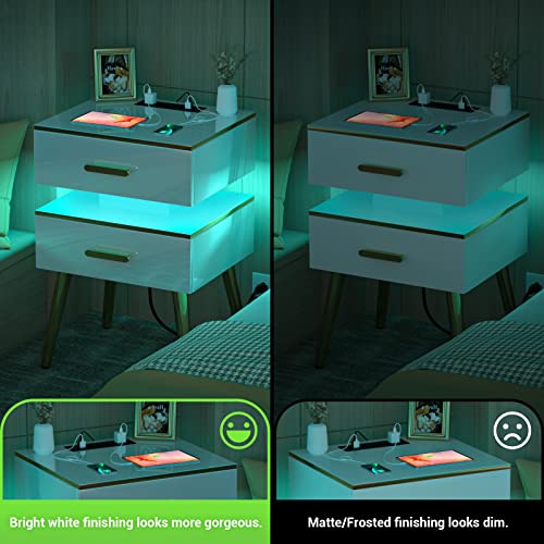 Cyclysio 28.5'' White Nightstand with Charging Station, Tall Bedside Tables with Led Lights, Bed Side Table Night Stand with Drawers for Bedroom and Sofa Side, Bright White Finishing