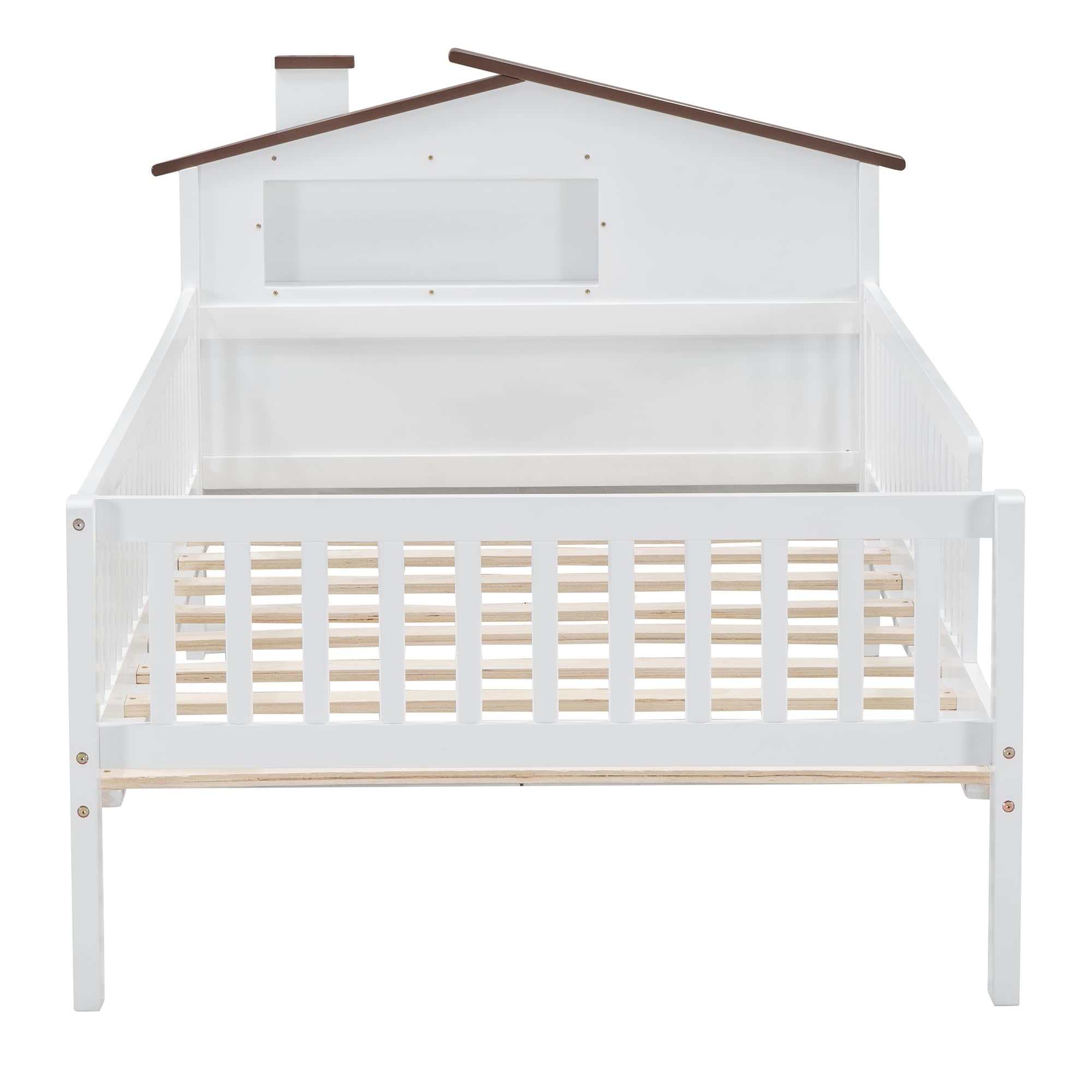 Bellemave Twin Size Montessori Bed for Kids, Twin Size Kids Bed with Fence,Kids Montessori Bed with House-Shaped Headboard and Built-in Storage, White