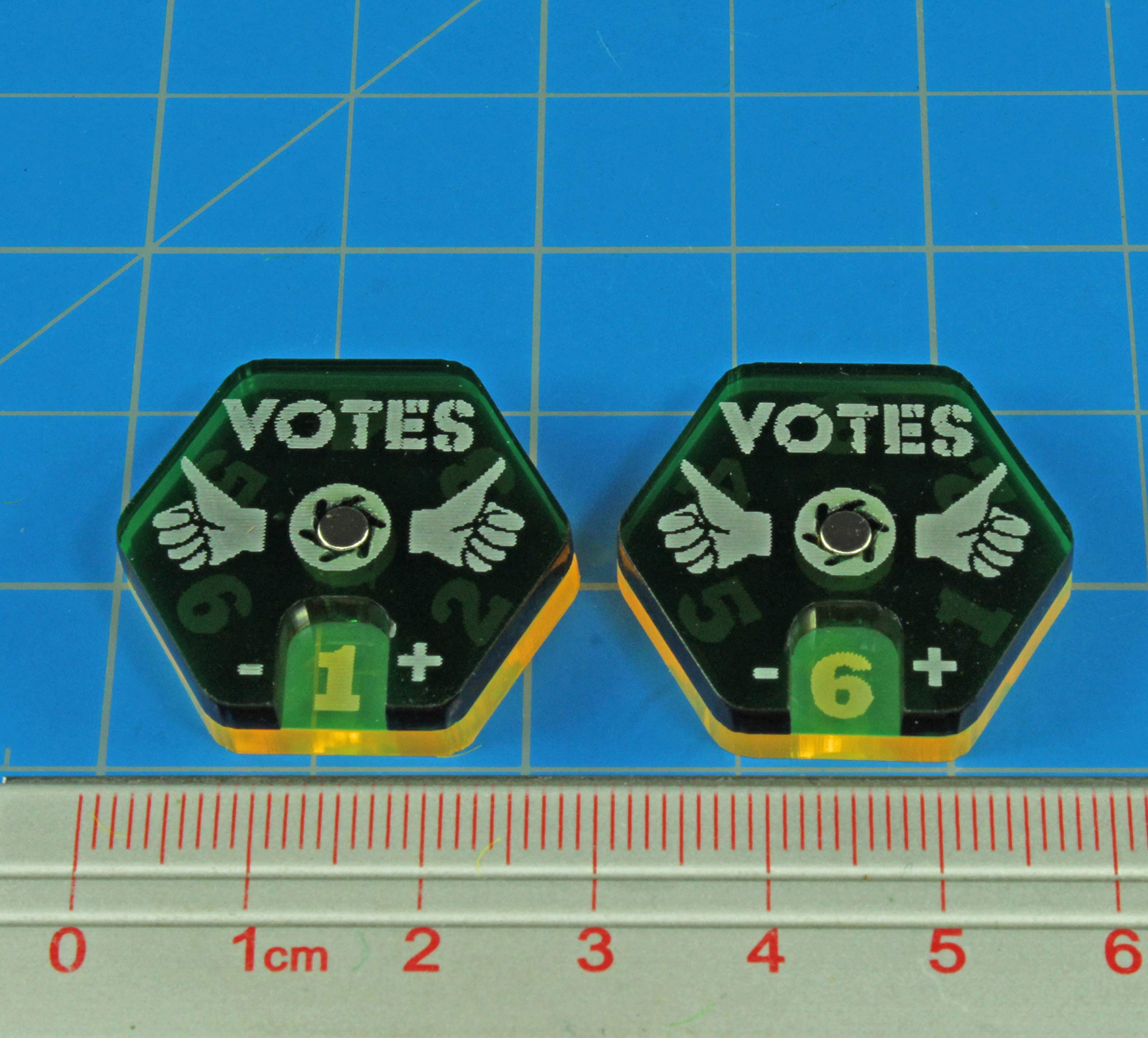 LITKO Gaslands Miniatures Game Dials | Compatible with Gaslands | Refulled | Gear | Ammo | Vote | Hazard | 2 Pack (Translucent Green & Fluorescent Yellow -Vote)
