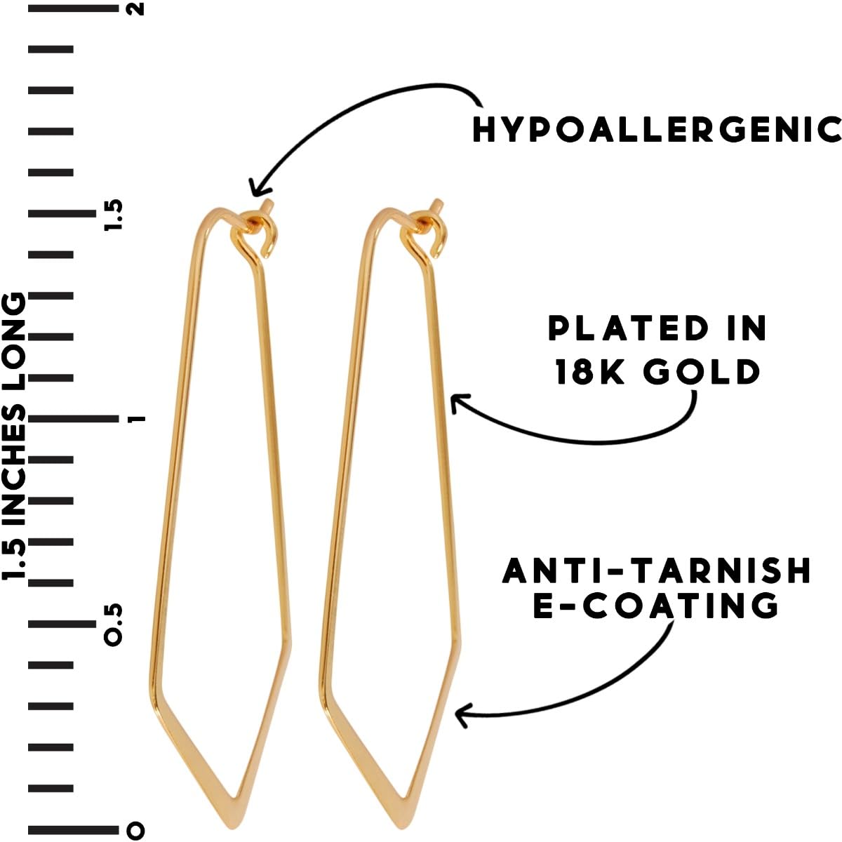 Humble Chic Geometric Chevron Threader Hoop Earrings - Lightweight Cutout Thin Wire Drop Dangles, 18K Yellow - 1.5 inch