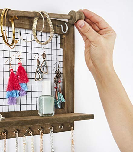 SoCal Buttercup Rustic Jewelry Organizer with Bracelet Rod Wall Mounted - Wooden Wall Mount Holder for Earrings, Necklaces, Bracelets, and Many Other Accessories