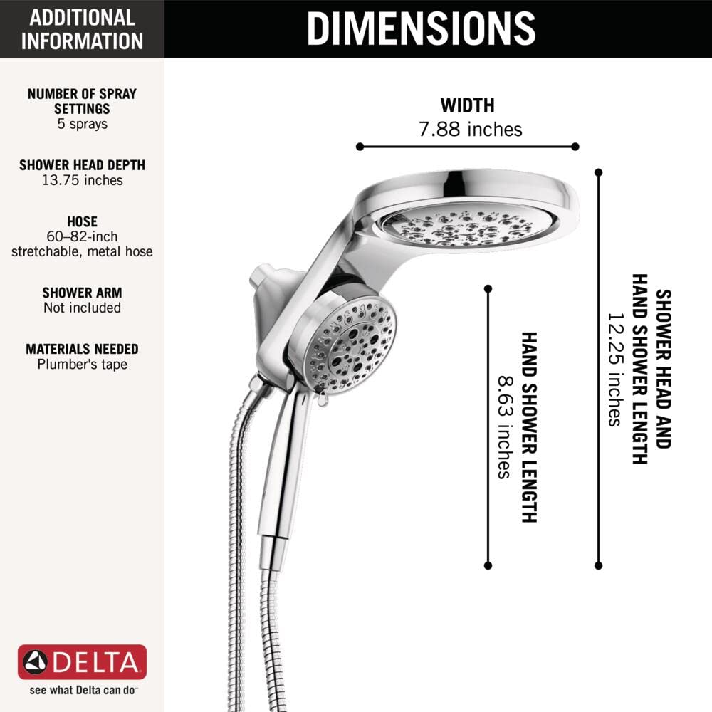 Delta Faucet HydroRain 5-Spray H2Okinetic Dual Shower Head with Handheld Spray, Chrome Shower Head with Hose, Handheld Shower Heads, Detachable Shower, 2.5 GPM Flow Rate, Lumicoat Chrome 58680-PR25