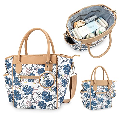 MEYTEILAY Diaper Bag Tote Baby Changing Bag Portable Waterproof Splashproof and Large Capacity with Shoulder Strap(Blue Flower)