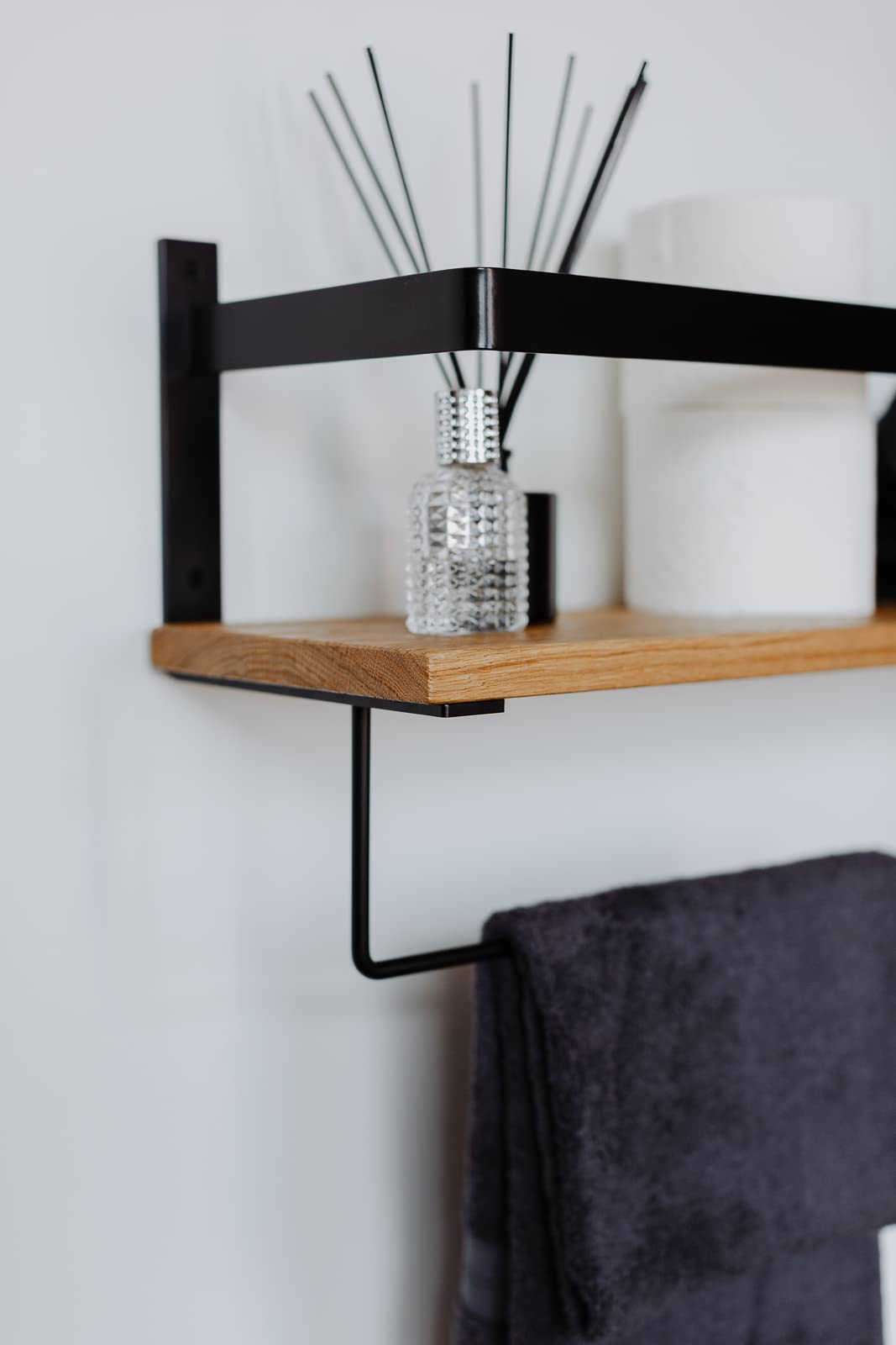 Wood Floating Shelves with Metal Towel Bar, Oak Kitchen Wall Storage Towel Rack, Bathroom Towel Holder, Wall Mounted Steel Towel Rack ETHIMO Bold I