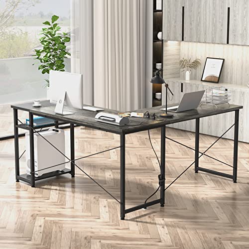Ecoprsio L-Shaped Desk with Power Station and USB, Large L Shaped Gaming Desk with Storage Shelves Industrial Corner Desk Writing Study Table for Home Office Gaming Workstation, Oak and Black