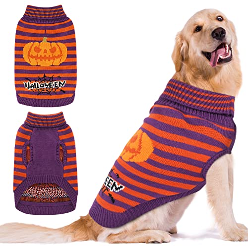 HUMLANJ Halloween Dog Turtleneck Sweater Pumpkin Striped Pet Dog Sweaters Winter Knitted Sweater with Leash Hole Warm Pullover Sleeveless for Large Dogs
