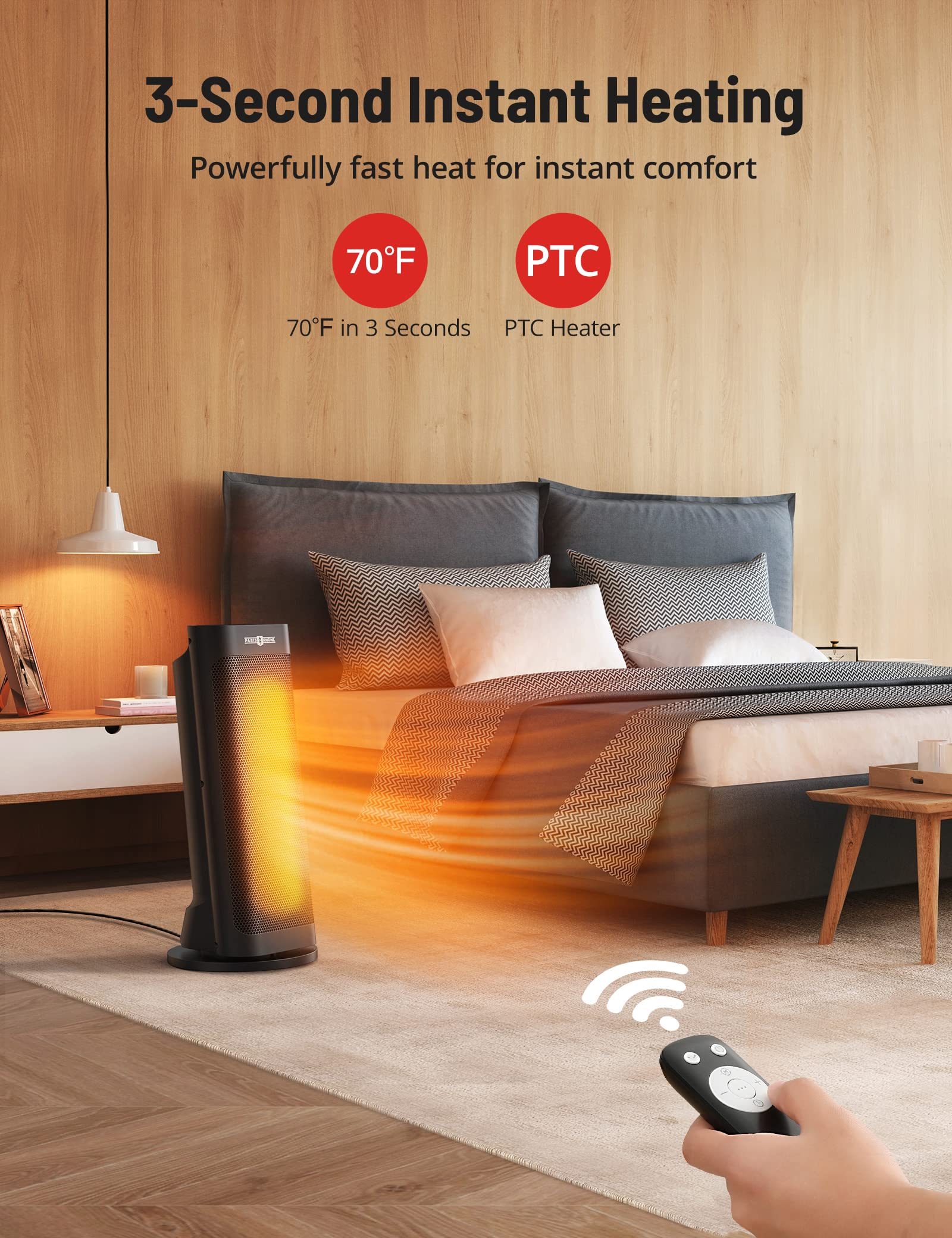 Space Heater, Portable Electric 1500W PTC Fast Heating Indoor Ceramic Oscillating PARIS RHÔNE Heater with Remote Control Thermostat ECO Mode 12H Timer Tip-Over & Overheating Protection LED Display