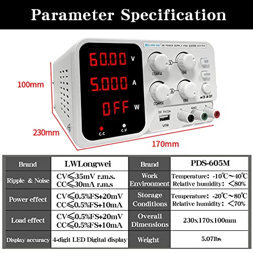 DC Power Supply Variable,60V 5A 300W Adjustable Switching Regulated, DC Bench Power Supply with 4-Digits LED Power Display 5V/2A USB Output, Coarse and Fine Adjustments White