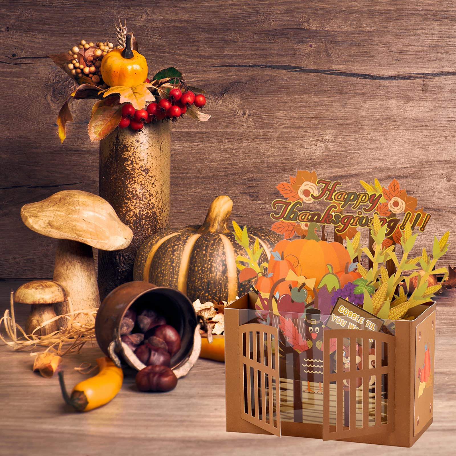 Giiffu Thanksgiving 3D Pop Up Card, Fall Greeting Card, Autumn Blessings Thank You Card, Handmade, Brown, Tan, Gold Pearlescent Envelope