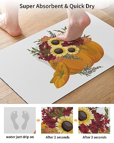 KITHOME Bath Mat for Bathroom Non Slip Thanksgiving Pumpkin Sunflowers Diatomaceous Earth Bath Mats Highly Absorbent Door Mat Diatom Mud Washable Bathroom Mat for Tub Shower 16x24 Inch