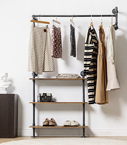 Industrial Pipe Clothing Racks with Shelves, Wall Mounted Wood Clothes Racks, Heavy Duty Iron Pipe Garment Racks for Hanging Clothes, Industrial Retro Steampunk Closet Organizer for Home Retail Store